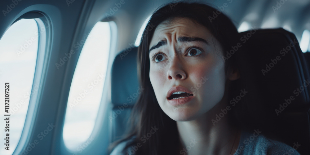 Young woman feeling nervous on plane, expressing fear and anxiety ...