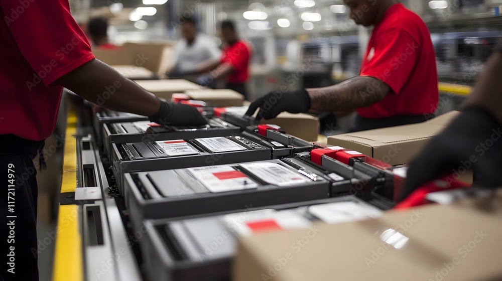 Factory workers in red shirts handle and sort gray storage devices on a ...