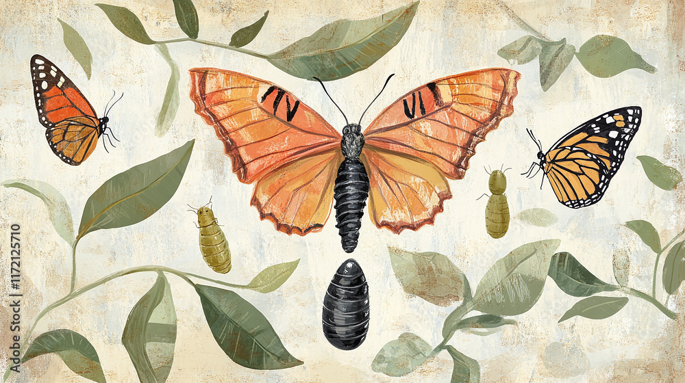 An illustrated sequence showing the stages of a butterfly's life cycle ...