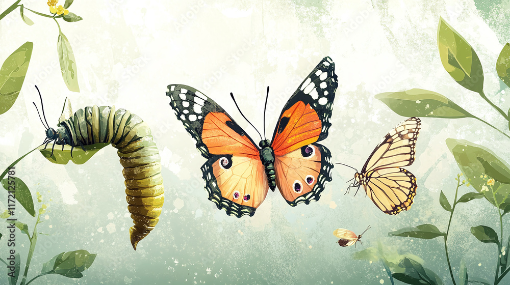 An illustrated sequence showing the stages of a butterfly's life cycle ...
