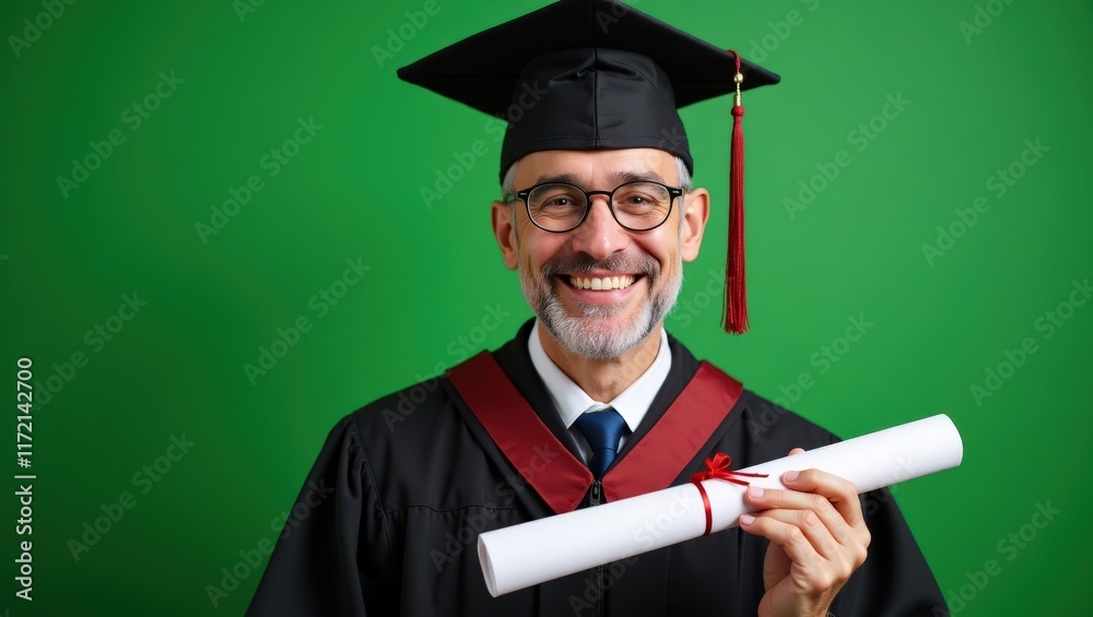 Smiling graduate in cap and gown holding diploma, celebrates academic ...