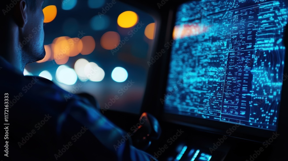 Nighttime data analysis in a high-tech control room urban city digital interface futuristic ...