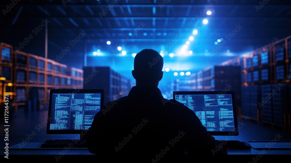 Cybersecurity Analyst Monitoring Data Flow Data Center Digital Workspace Tech Environment Back