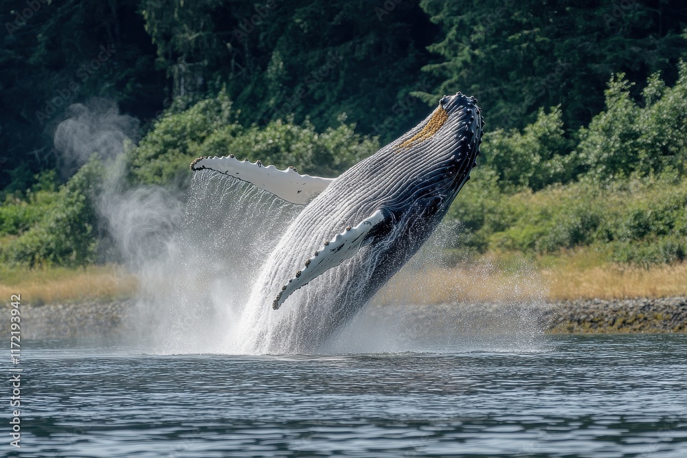 Humpback whale breaching, water splashing. Illustrates the power and ...