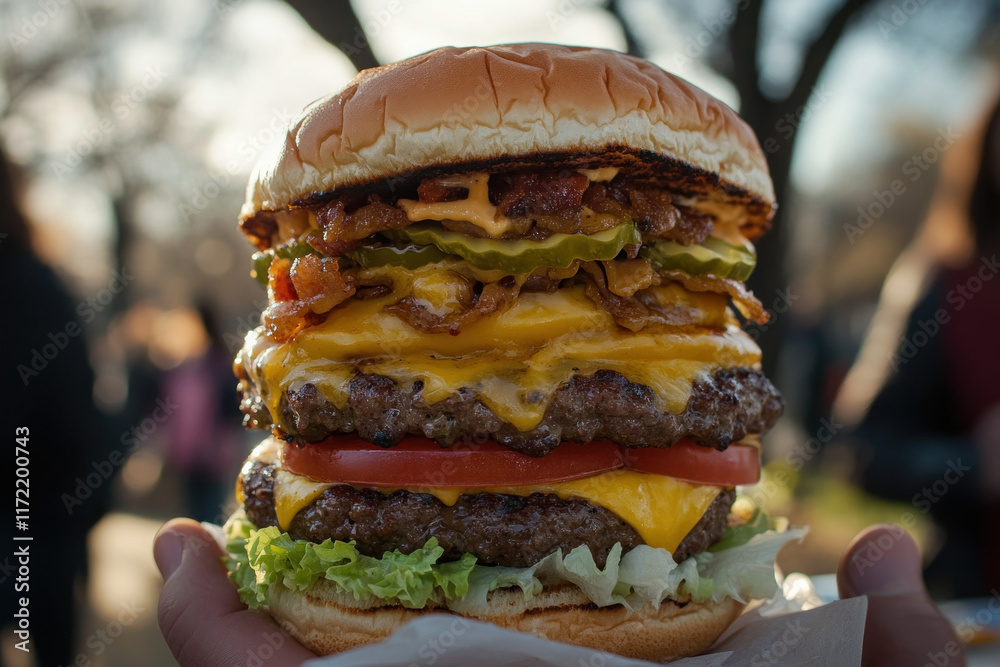 Hand holding a cheeseburger on a picnic blanket with a skyline in the ...