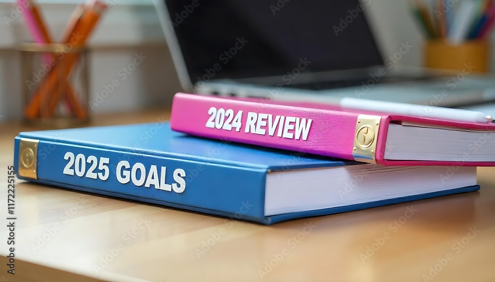 office binders with title 2025 goals and 2024 review, New Year goals 2025 with reviewing the ...