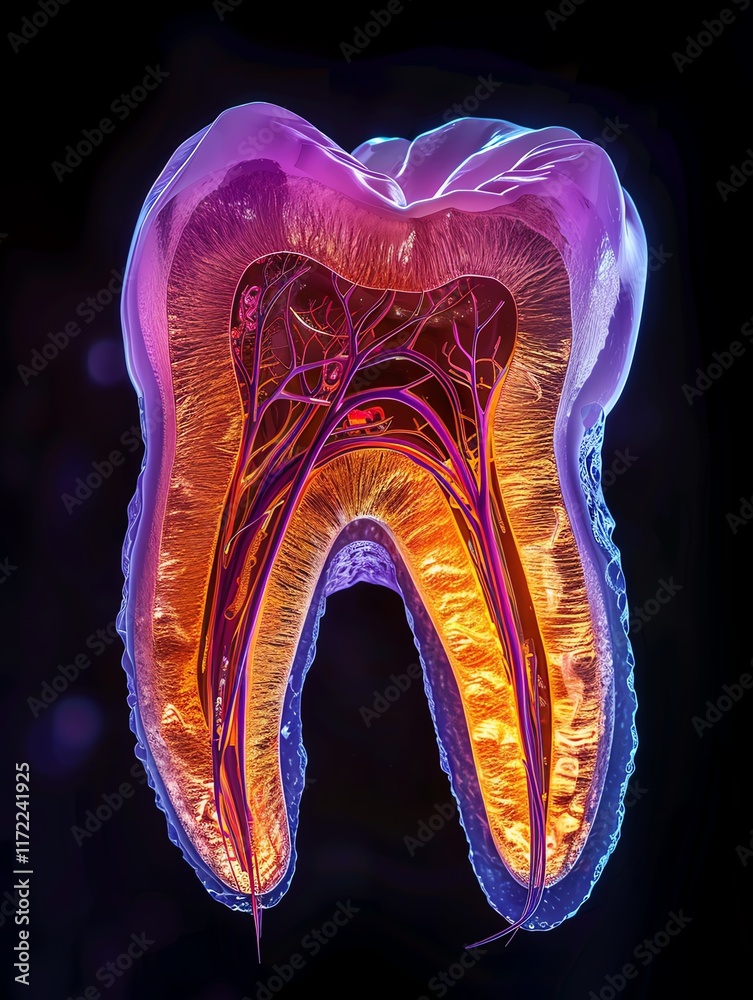 Detailed Illustration of a Human Tooth Anatomy Highlighting Nerves and ...