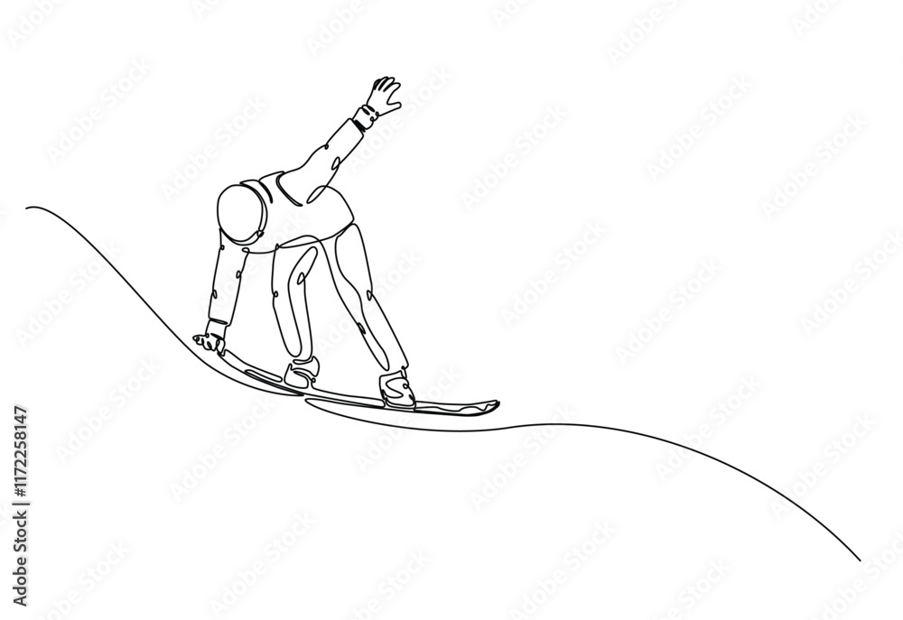 Snowboarder ride speed at mountain in continuous one line drawing ...