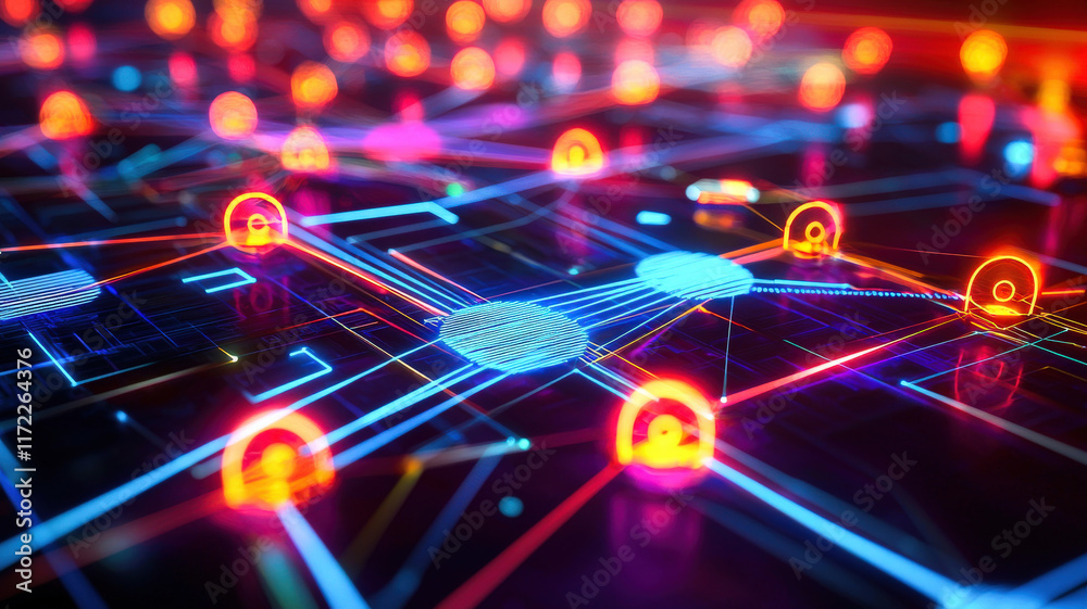 A hacking mini-game interface in a cyberpunk setting, featuring glowing ...