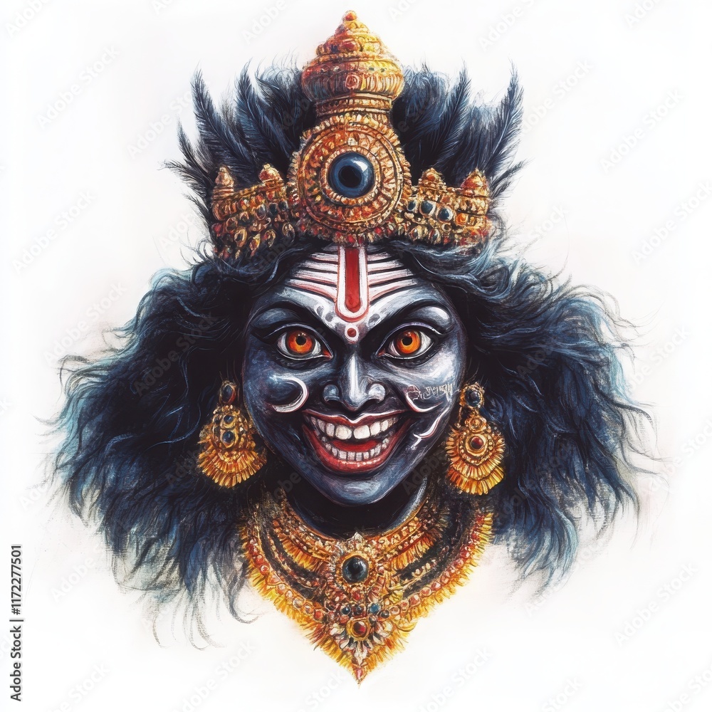 Kali with a playful yet menacing smile and eyes wide open, radiating ...