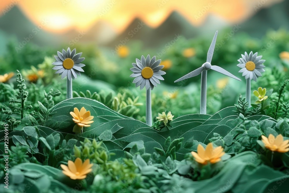 paper art featuring renewable energy concepts with wind turbines and a ...