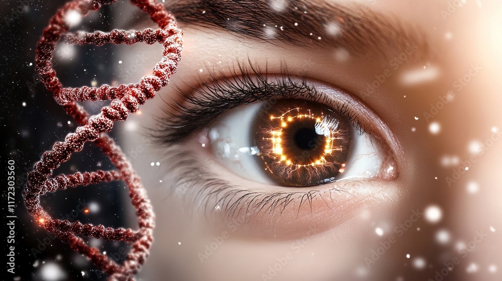 Human Eye with DNA Strand and Glowing Particles in Background Stock ...