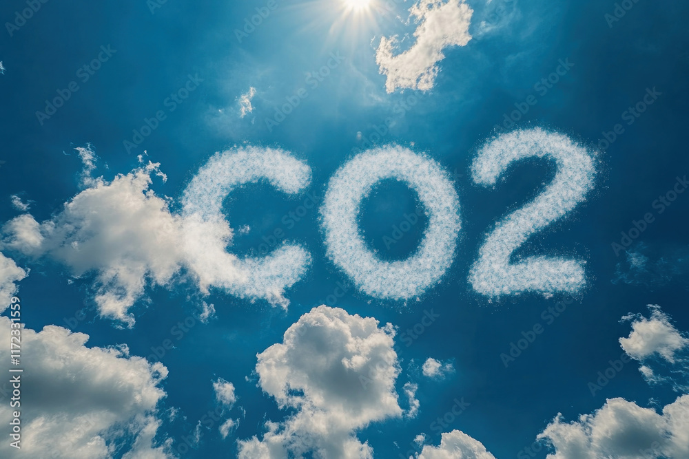 'CO2' written in clouds, symbolic of climate change awareness and ...