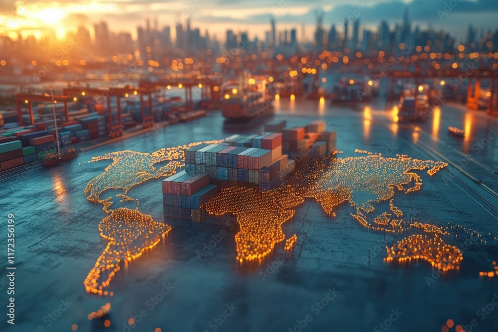 Global trade visualization indoor scene world map cargo containers ...