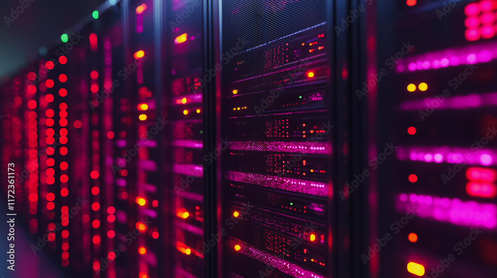 Data Center Glow: Rows of humming server racks illuminate a darkened ...