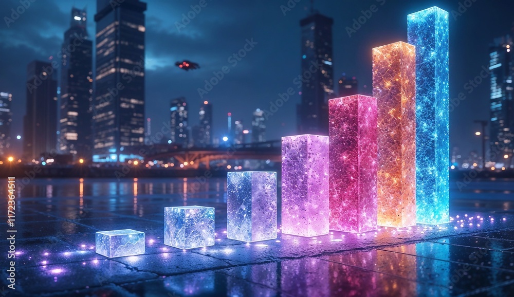 "An abstract, highly detailed bar graph made from crystalline materials ...