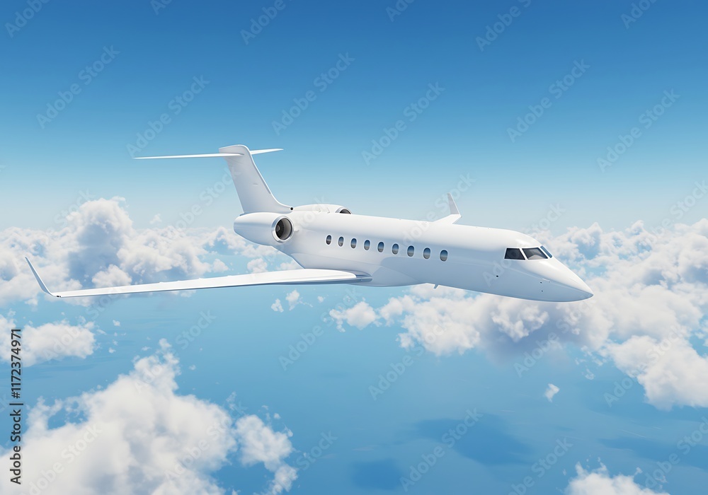 Realistic photo of White Luxury generic design private jet flying over the earth. Empty blue sky ...