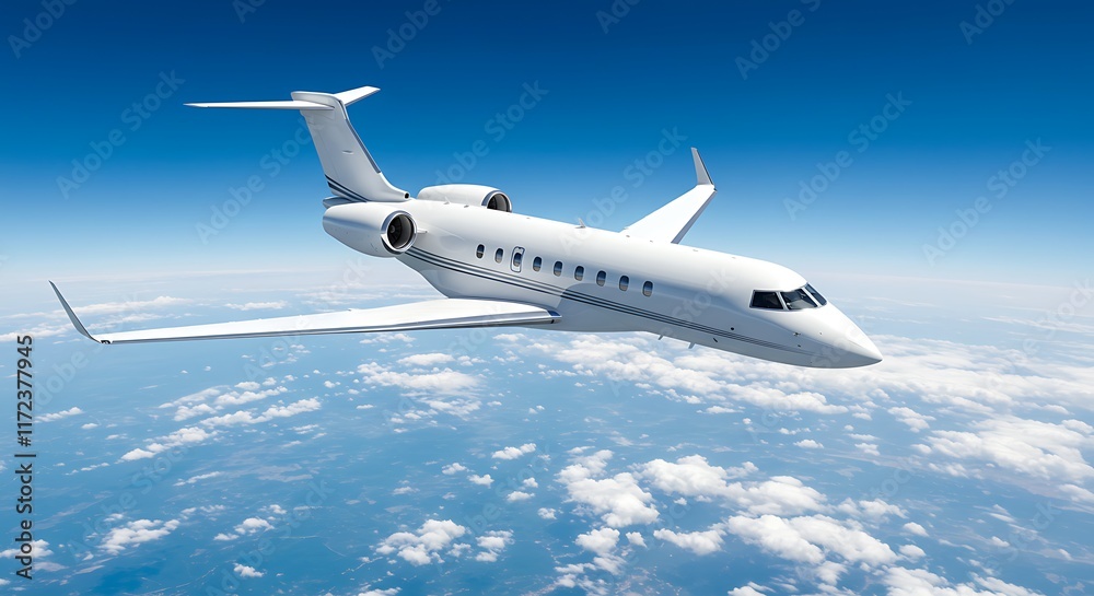 Realistic photo of White Luxury generic design private jet flying over ...