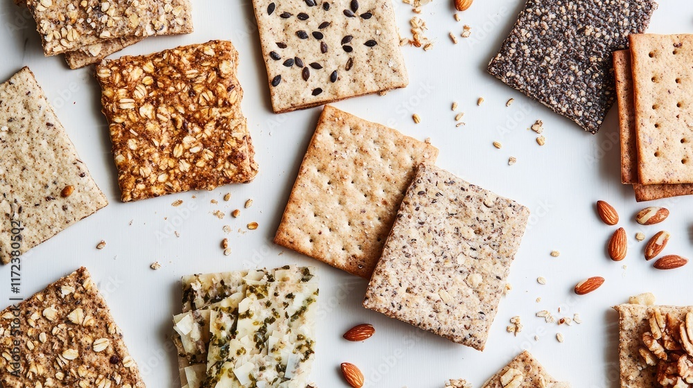 Assorted multi grain crackers on a light surface displaying a variety ...