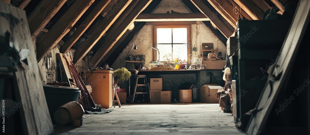 Rustic attic filled with vintage items and wooden beams perfect for ...