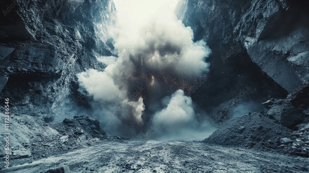 Controlled explosion in underground coal mining releasing dust and ...