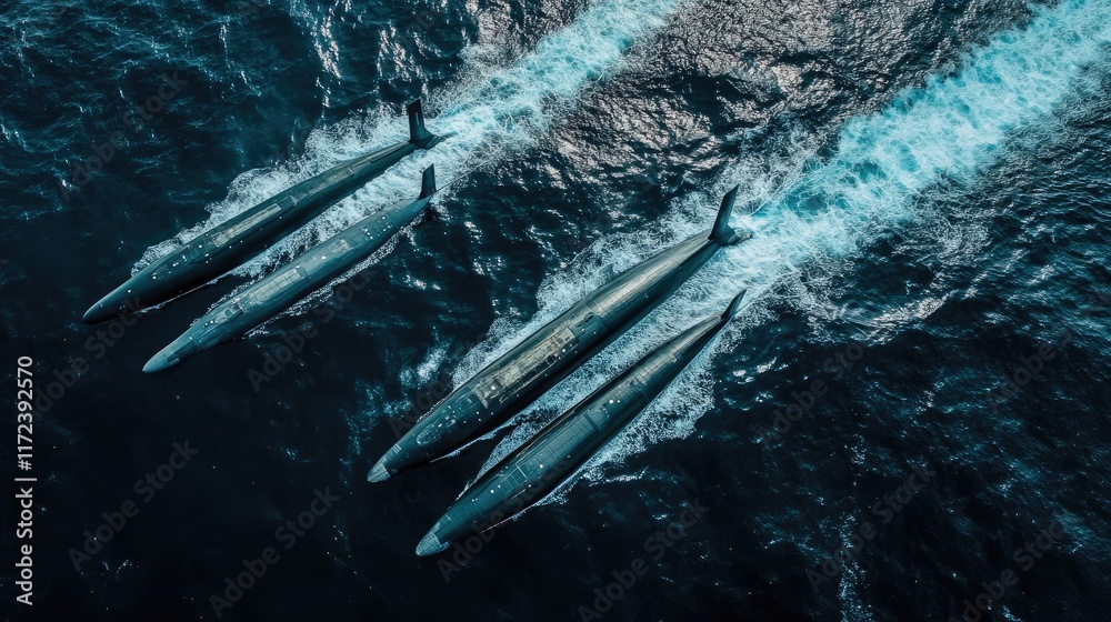 Overhead view of four submarines cruising through deep ocean waters in ...