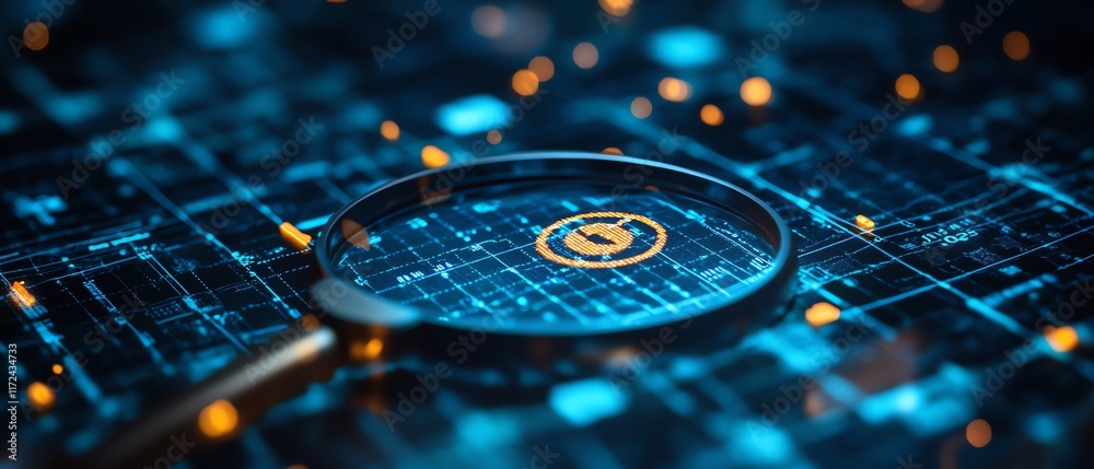 Annual plan and development chart with a target icon under a magnifying ...