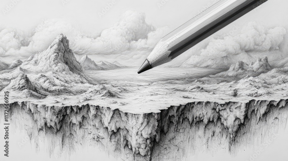 Giant pencil drawing a landscape that comes to life behind its moving ...