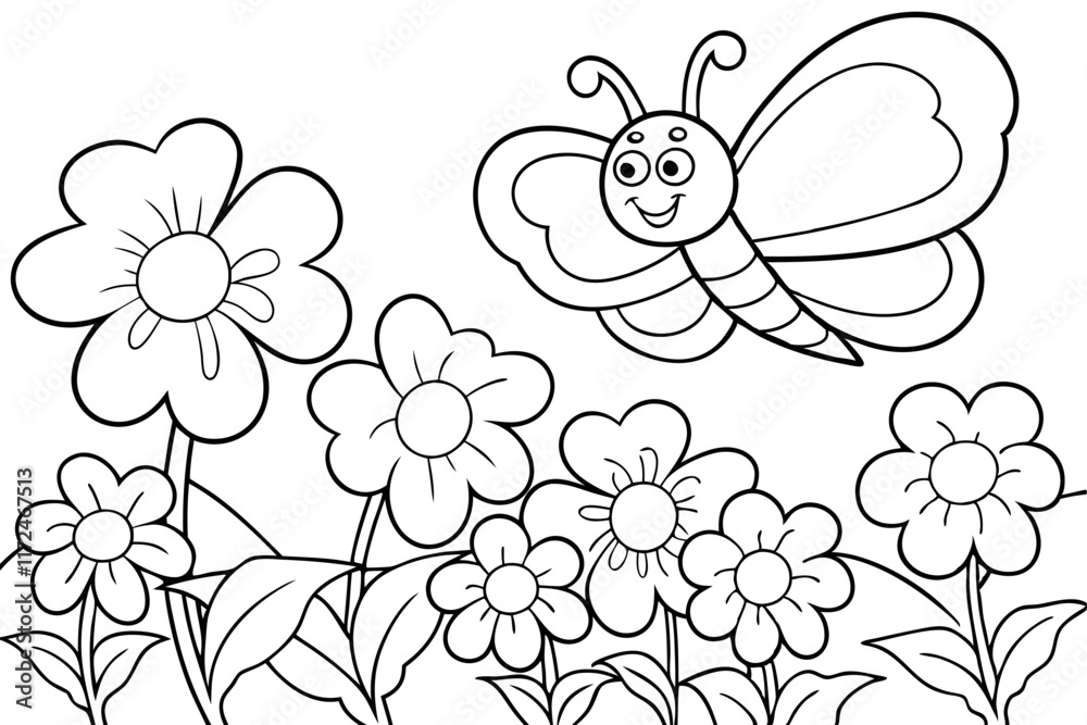 Cute Cartoon Butterfly and Flowers Coloring Page for Kids Stock Vector ...