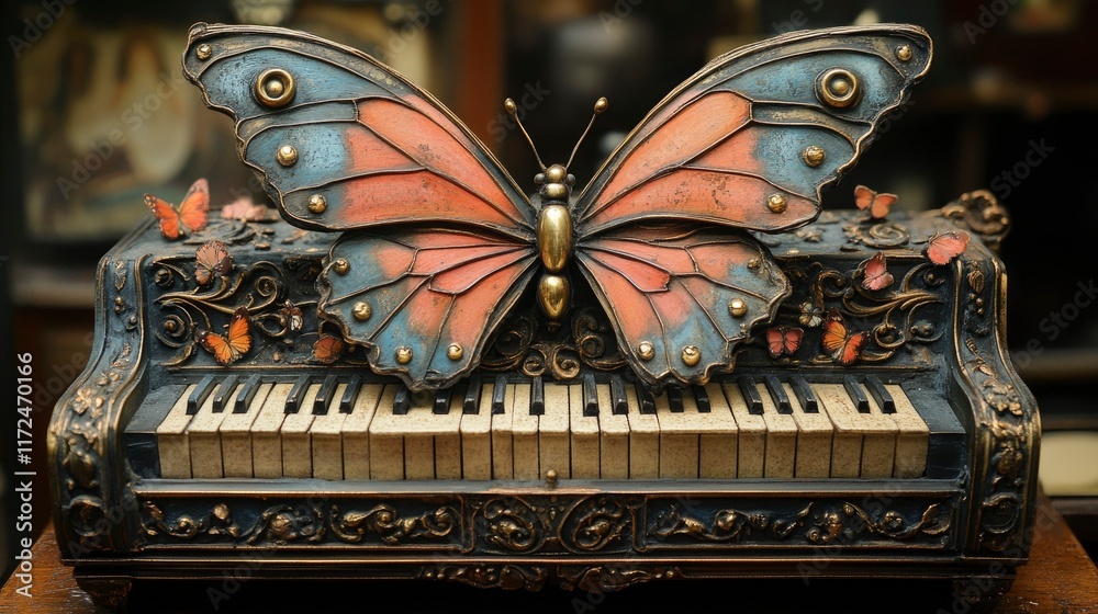 Giant music box mechanism playing notes that transform into butterflies ...