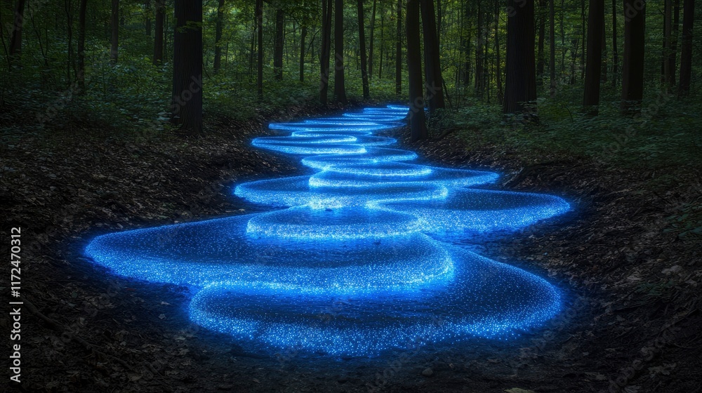 Forest where tree rings glow and pulse with bioluminescent light Stock ...