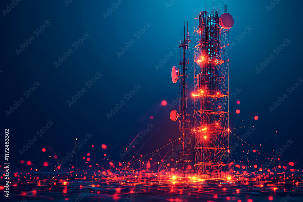 telecommunication base station receiver, featuring a tall tower with multiple antennas, dishes ...