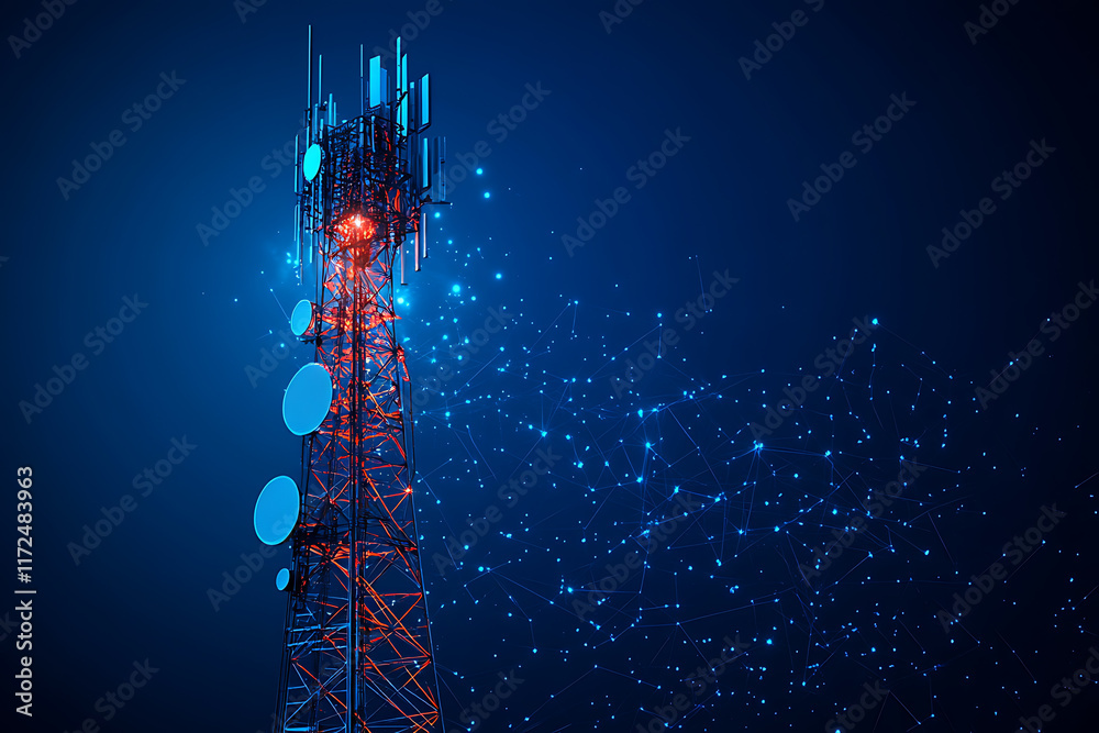 telecommunication base station receiver, featuring a tall tower with multiple antennas, dishes ...