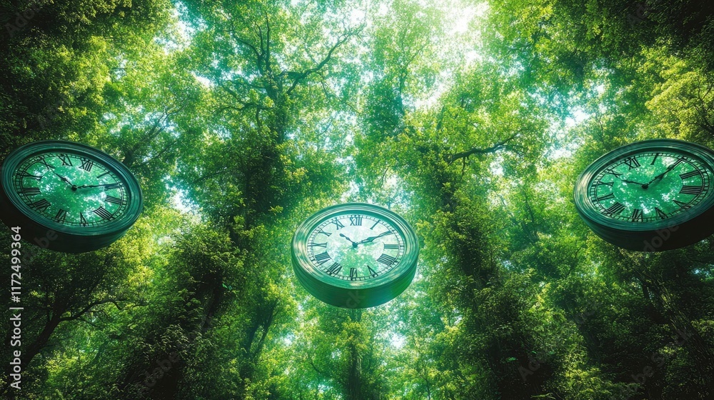 Forest of trees growing from floating clock faces Stock Photo | Adobe Stock