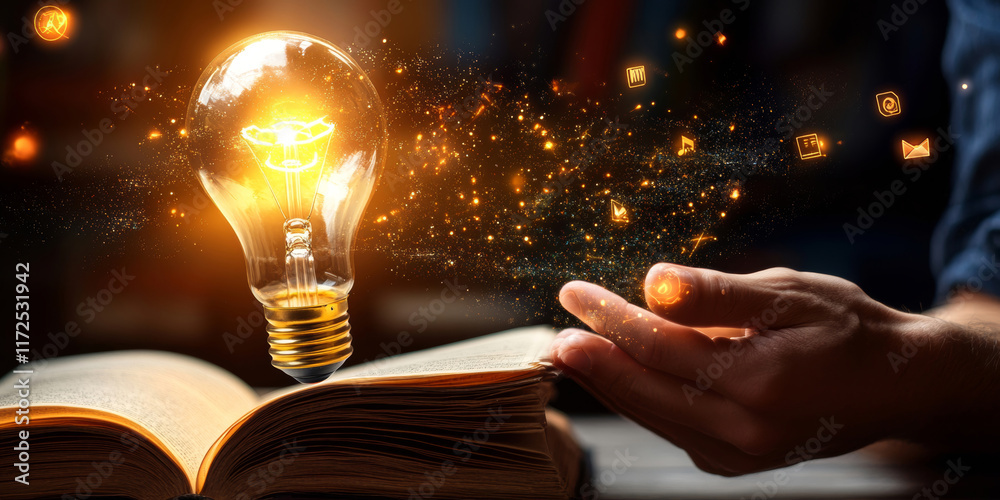 Light bulb shining over open book and hand holding digital icons representing knowledge and ...