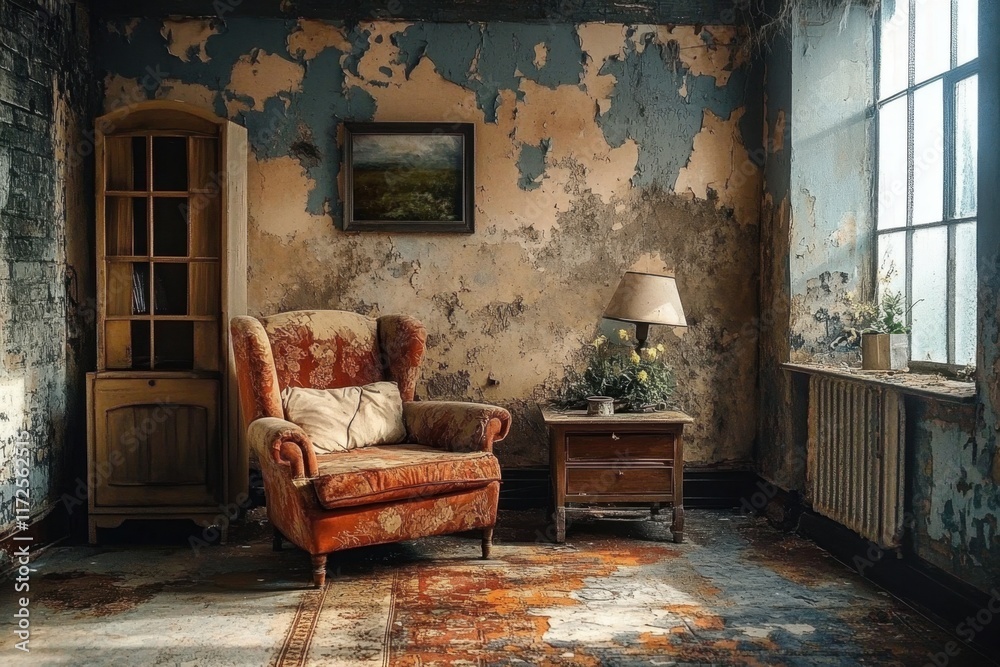 stock photo features a vintage- dilapidated room with peeling paint- worn-out furniture- and dim ...