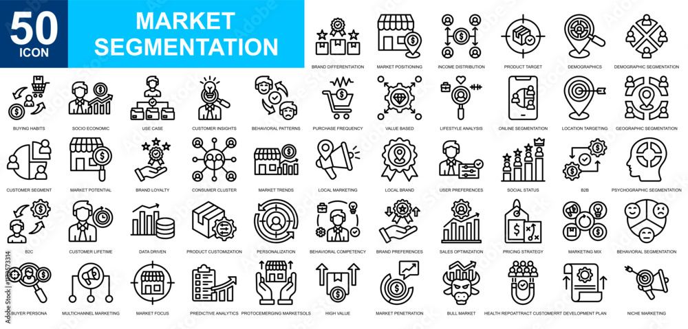 Market Segmentation icon collection set. Market share, market penetration, marketing, market ...