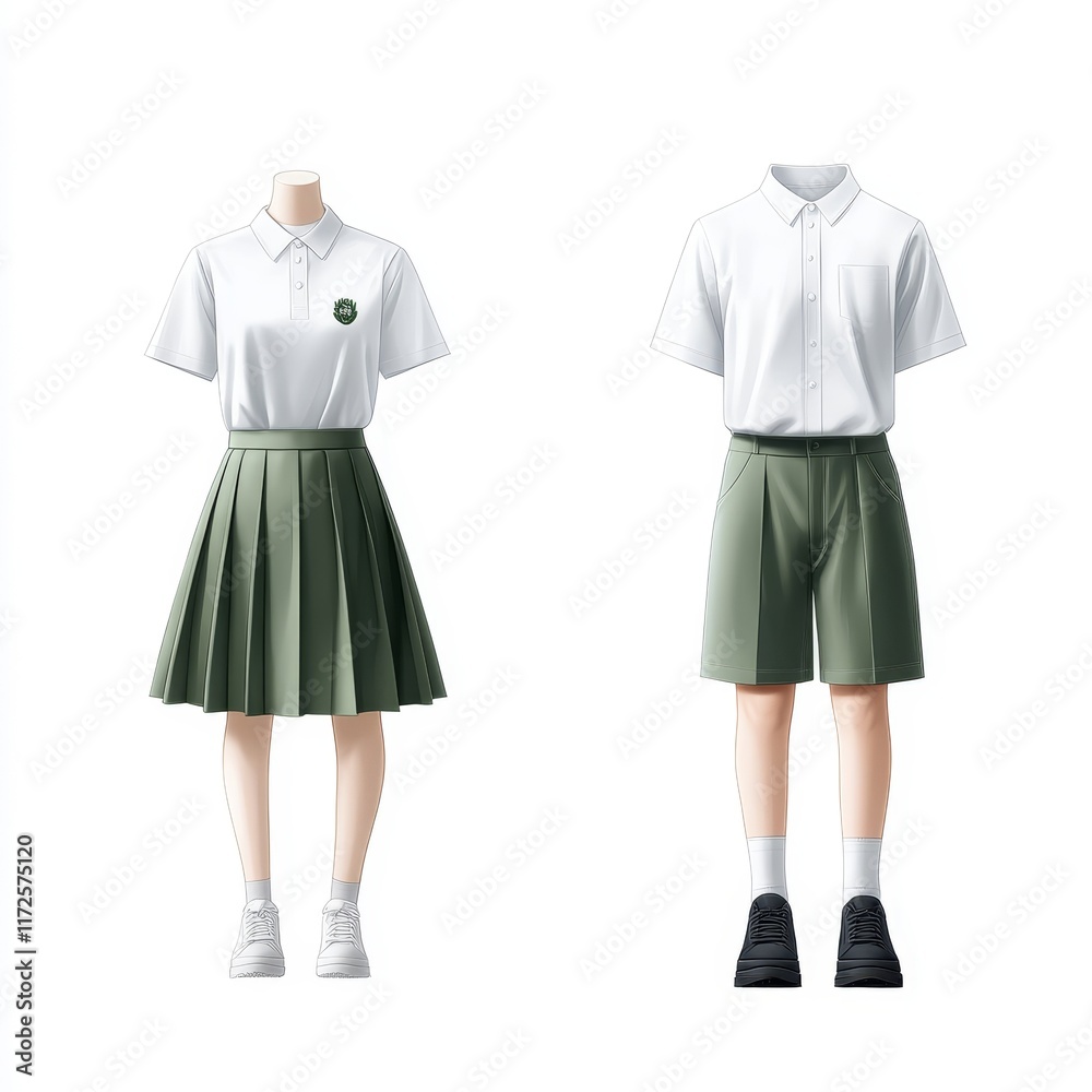 Stylish green and white school uniforms for students featuring a ...