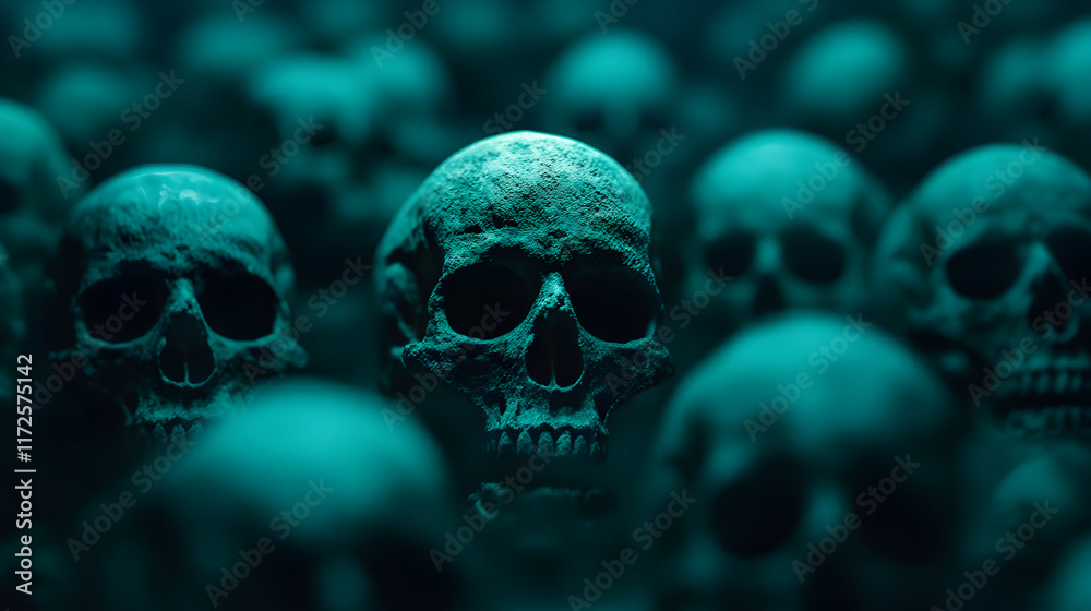 Skeletal forms emerging from shadowy depths, bathed in eerie turquoise ...