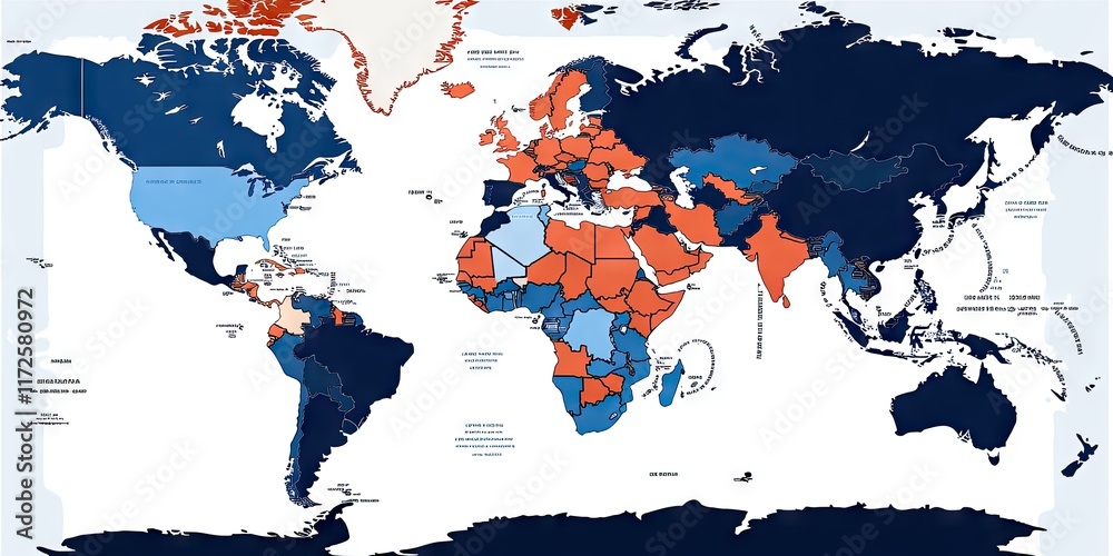 World map highlighting various regions with color-coded classifications ...