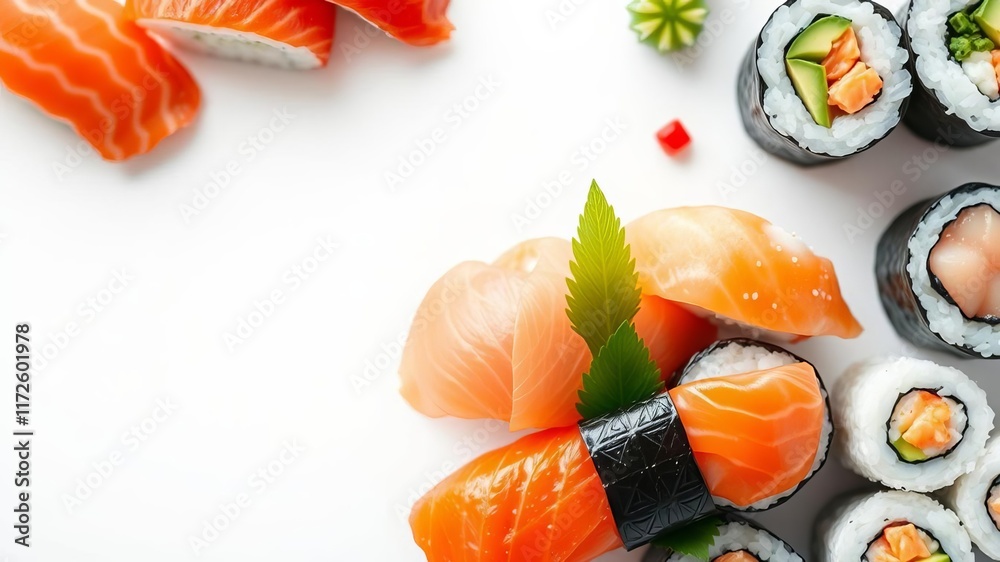 Assorted Japanese sushi with tuna, salmon, shrimp, crab, and avocado ...
