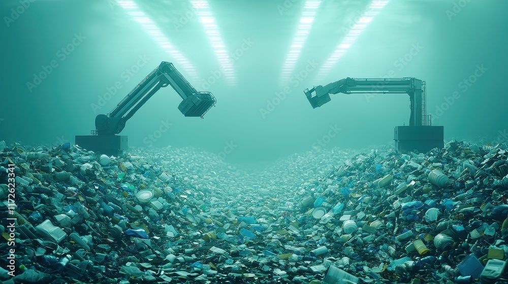 Foto de Stock Robotic arms sorting through piles of waste in industrial ...