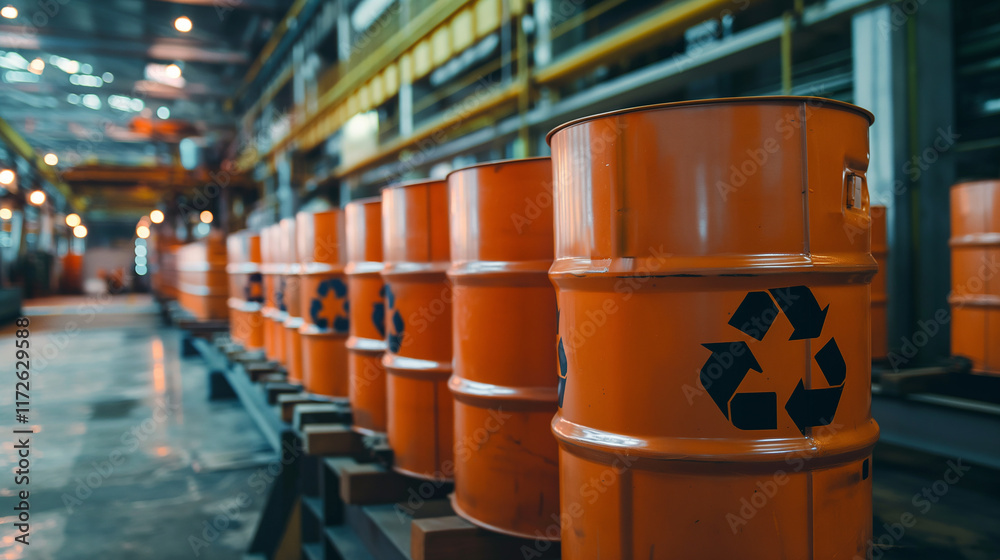 Radioactive waste orange color barrels with hazard symbols in secure ...