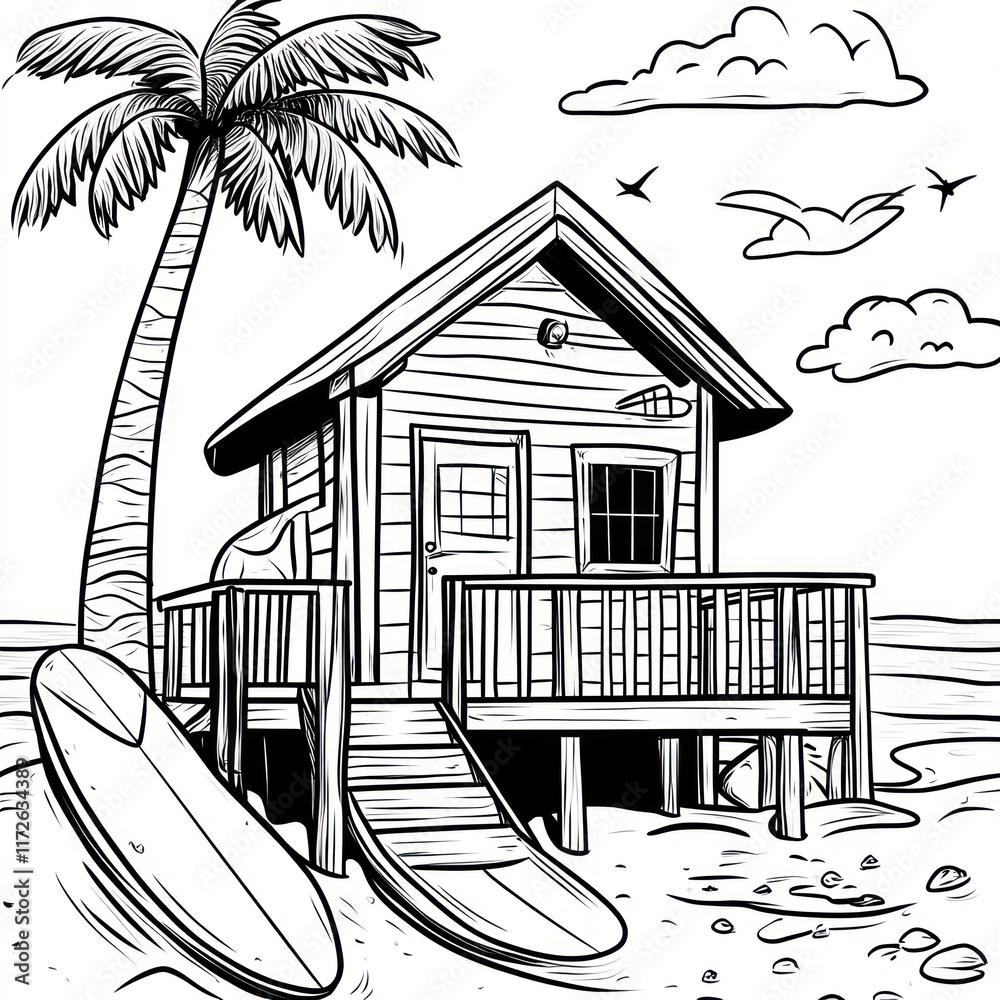 Beach House Coloring Page With Palm Tree And Surfboards Stock ...
