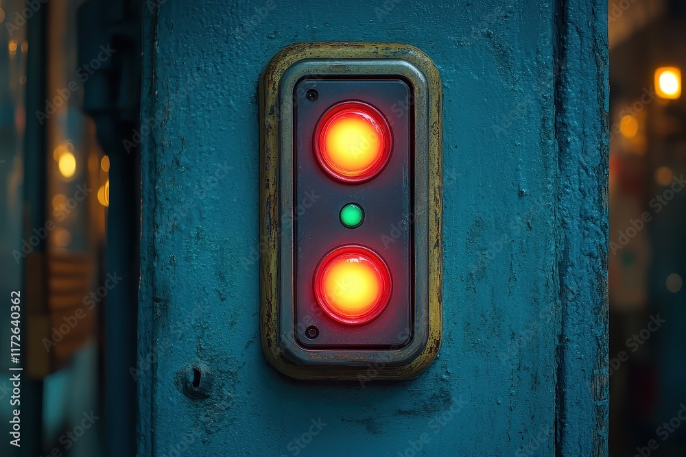 Traffic signal displaying red and yellow lights at night with urban ...