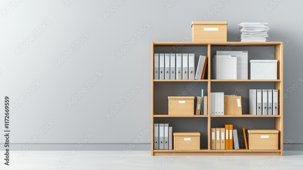 Modern wooden bookshelf with storage boxes and files in a minimalistic ...