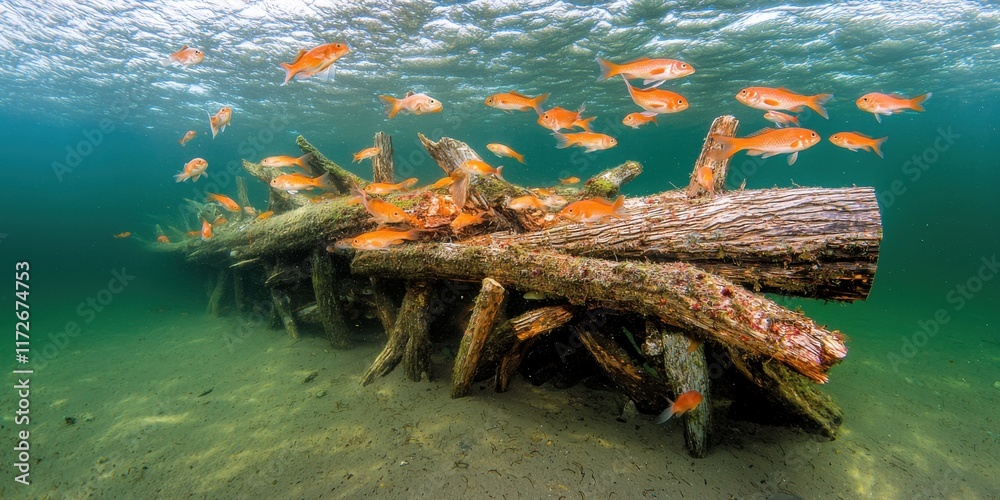 National parks camping outdoor, Underwater scene featuring a submerged log and a school of fish ...