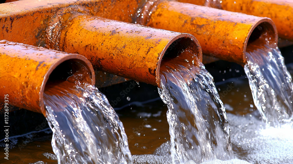 Rusty pipes discharge flowing water, highlighting industrial processes ...