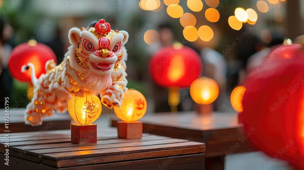 Chinese new year A lion dance leaping across wooden platforms, glowing ...