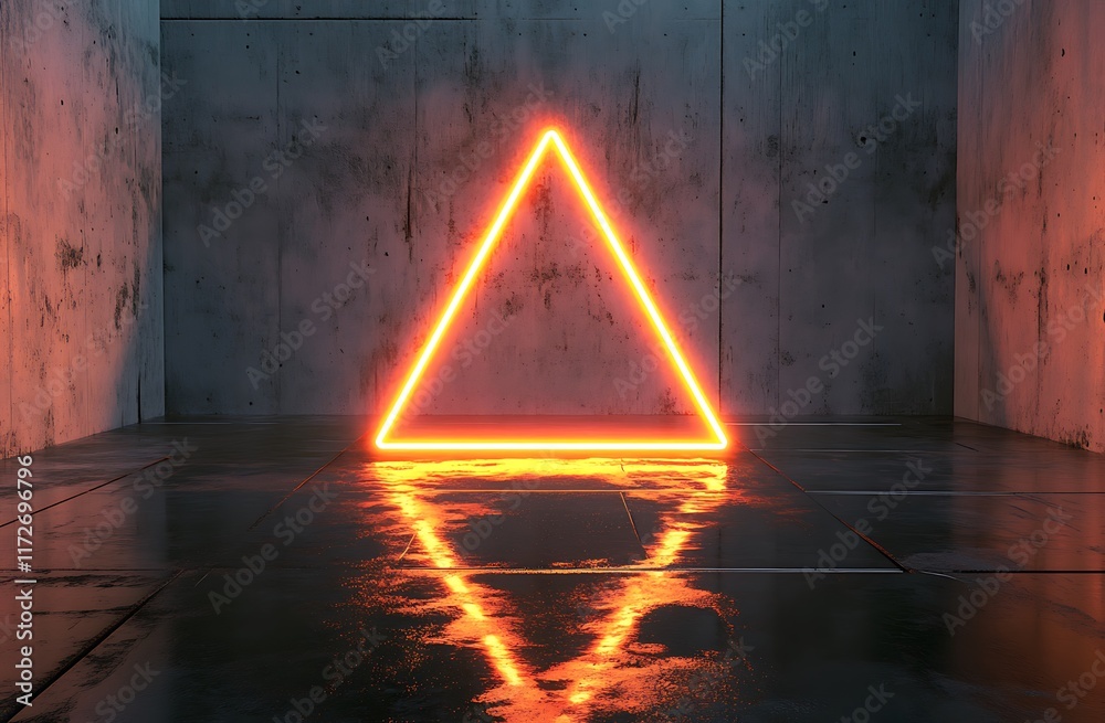 Neon Triangle Glowing Orange Light Reflective Water Surface Industrial ...